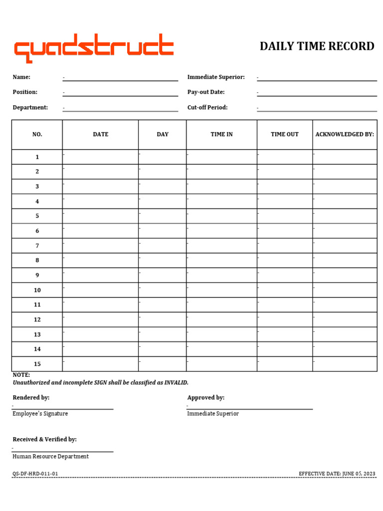 QS-DF-HRD-011 - Daily Time Record | PDF