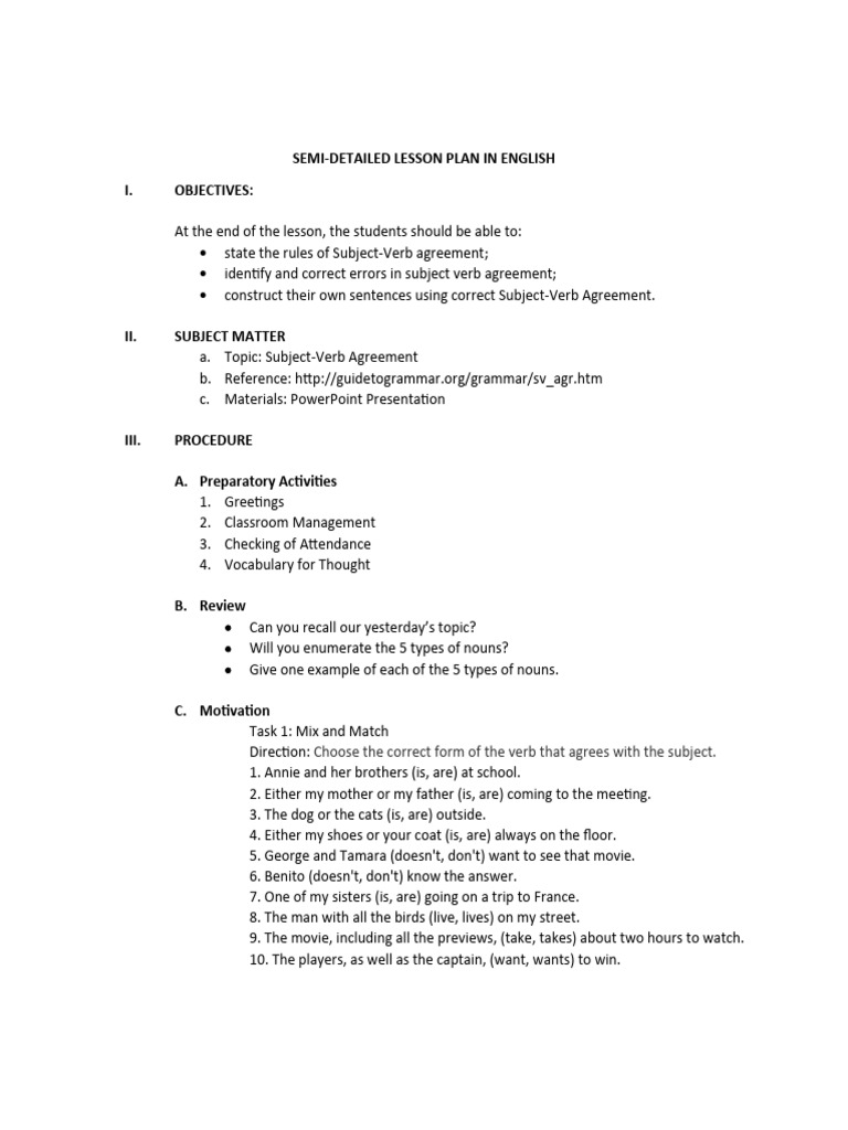 Subject Verb Lesson Plan | Download Free PDF | Verb | Linguistic Typology