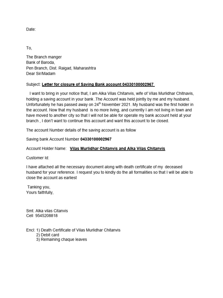 Bank of Baroda Account Closure Request | PDF