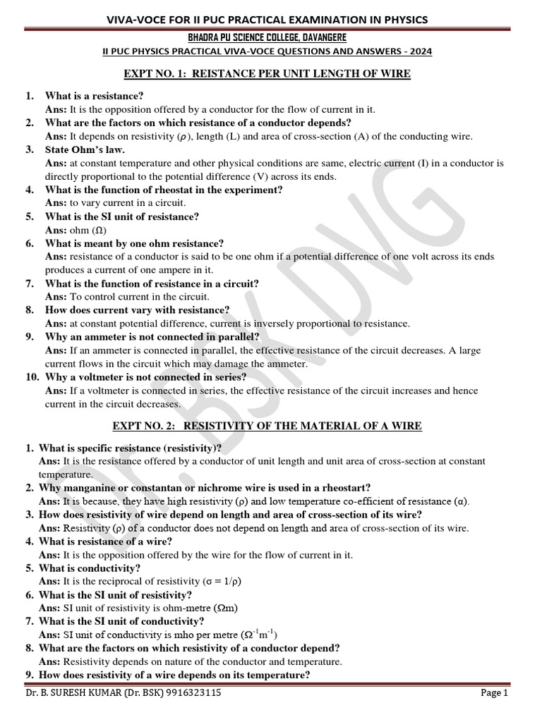 Viva-Voce Questions For II Puc Practical 2024 Dr. BSK | PDF | P–N Junction | Refraction
