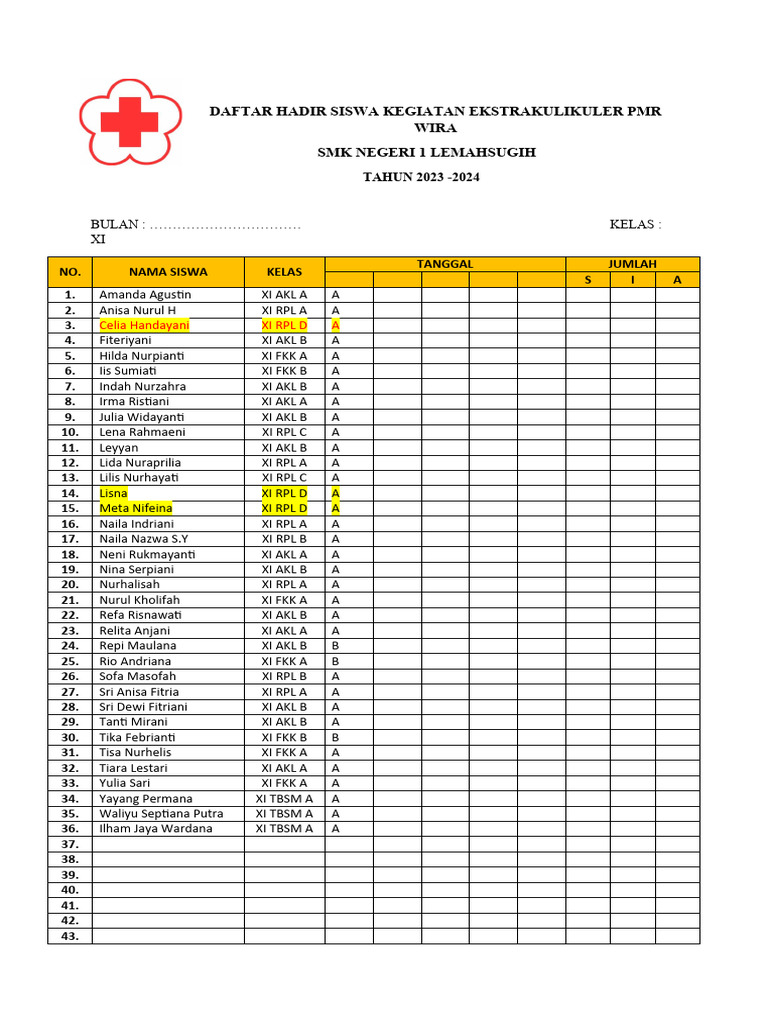 Daftar Hadir Ekstrakurikuler PMR 2023 | PDF