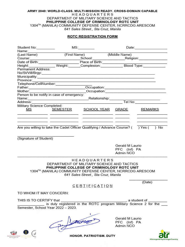 Rotc Registration Form PCCR Rotcu 1 | PDF | Military Science | Military