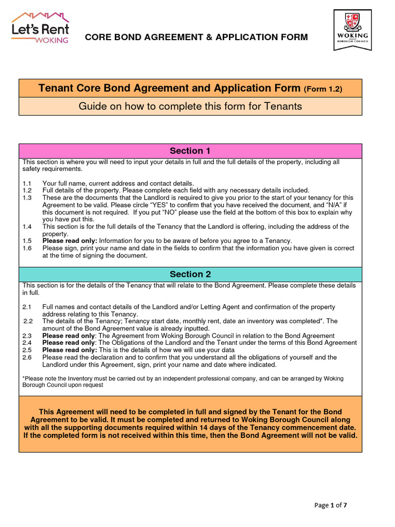 Tenant Core Bond Agreement and Checklist Form (Form 1.2) | Download ...