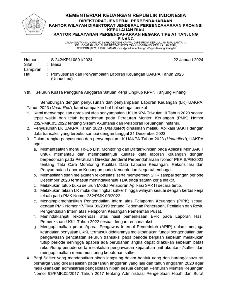 Penyusunan Dan Penyampaian Laporan Keuangan UAKPA Tahun 2023 (Unaudited) | PDF