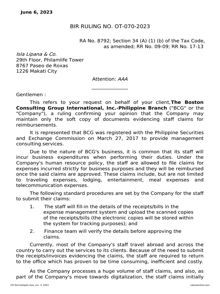BIR RULING NO. OT-070-2023 - Soft Copy of Reimbursement Alone Is Not ...