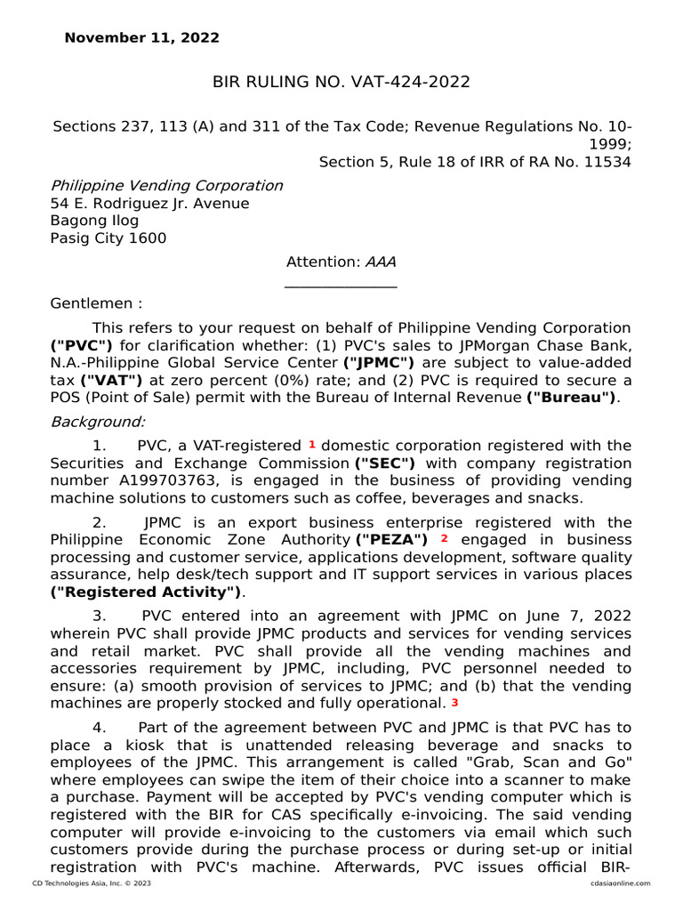 Bir Ruling No. Vat-424-2022 - Philippine Vending To Peza Subject To Vat ...