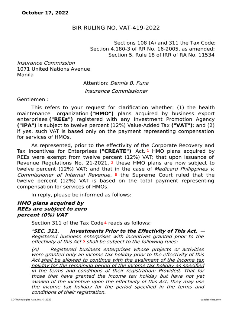 Bir Ruling No. Vat-419-2022 - Peza Vat and Non Vat Hmo | PDF | Value ... Bir Ruling No. Vat-419-2022 - Peza Vat and Non Vat Hmo | PDF | Value ...