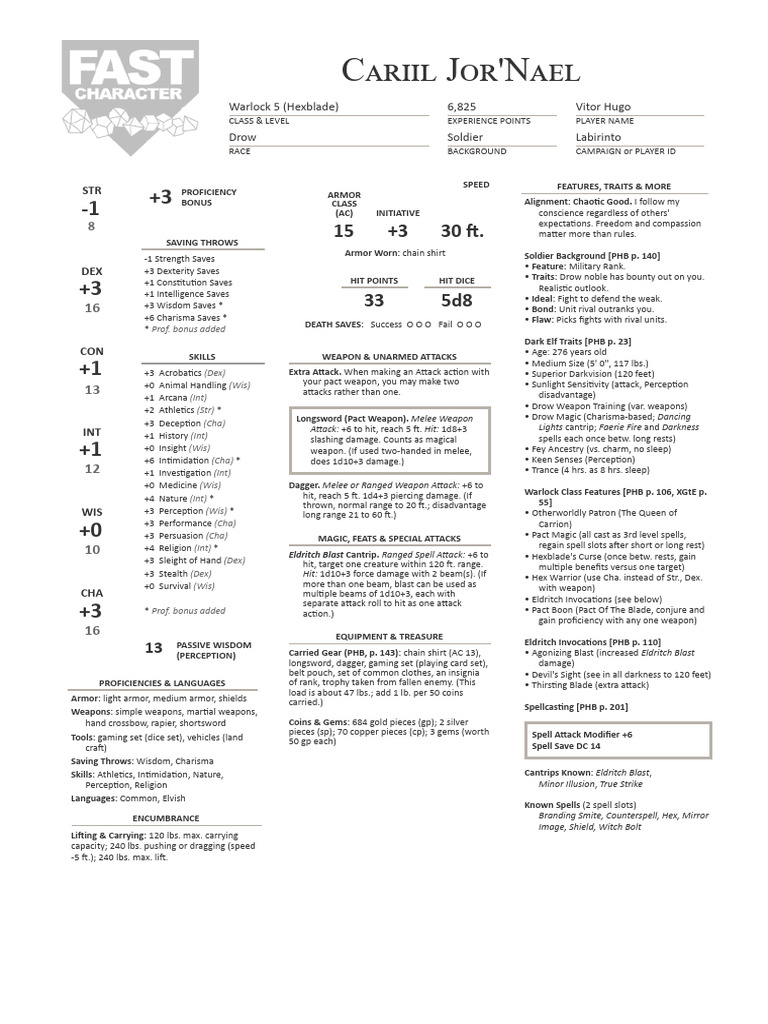 Character Sheet For Drow Warlock 5 (Hexblade) | Download Free PDF ...