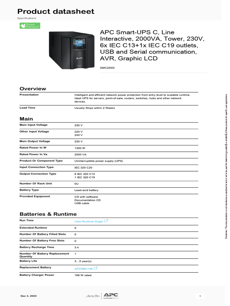 APC SMC2000I UPS Specifications | PDF