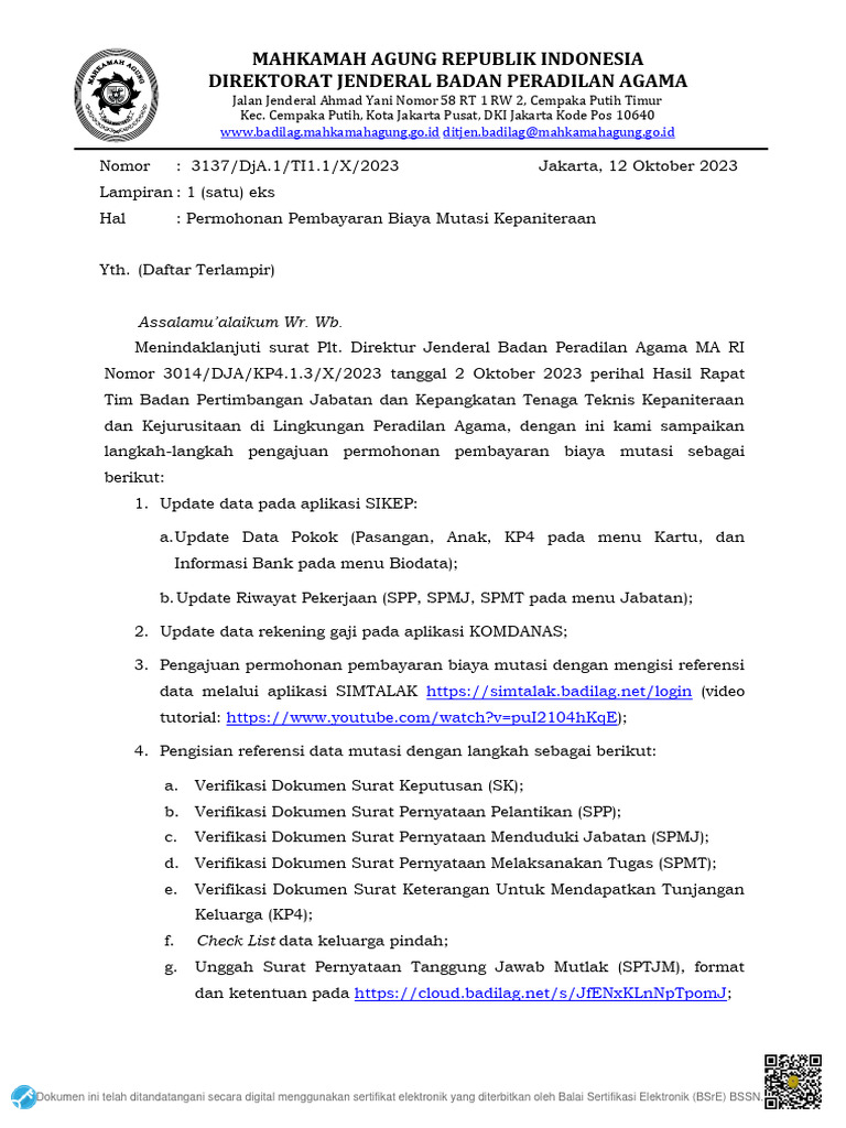 3137 Surat Pengajuan Permohonan Biaya Mutasi Kepaniteraan TPM Oktober 2023 | PDF