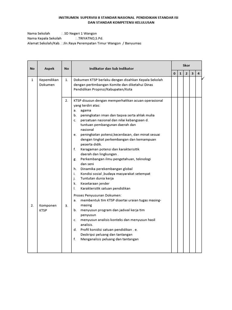 1.instrumen Supervisi 8 Standar Nasional Pendidikan Standar Isi Dan ...