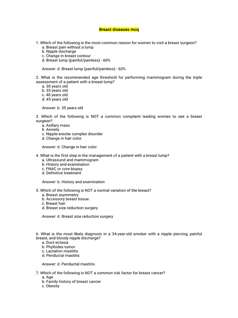 Breast Diseases MCQ | PDF | Breast Cancer | Cancer
