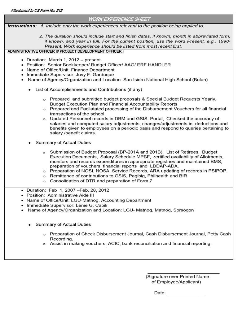 CS Form No. 212 Attachment Work Experience Sheet | PDF | Bookkeeping ...