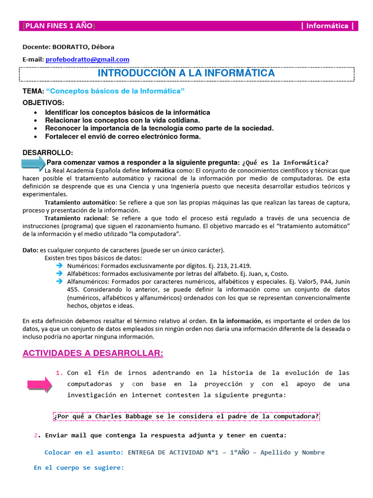 1°FINES - Informática - CONCEPTOS BÁSICOS DE LA INFORMÁTICA - ACTIVIDAD N°1 | PDF | Informática