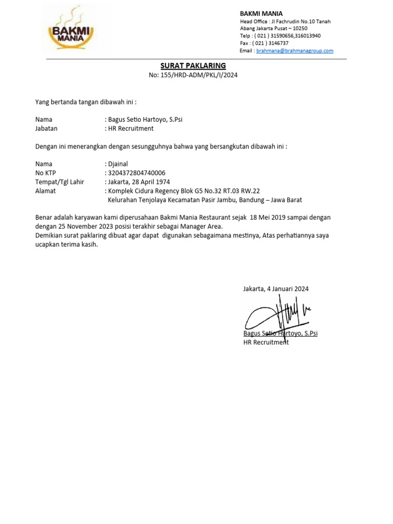 Surat Paklaring Karyawan Bakmi Mania | PDF