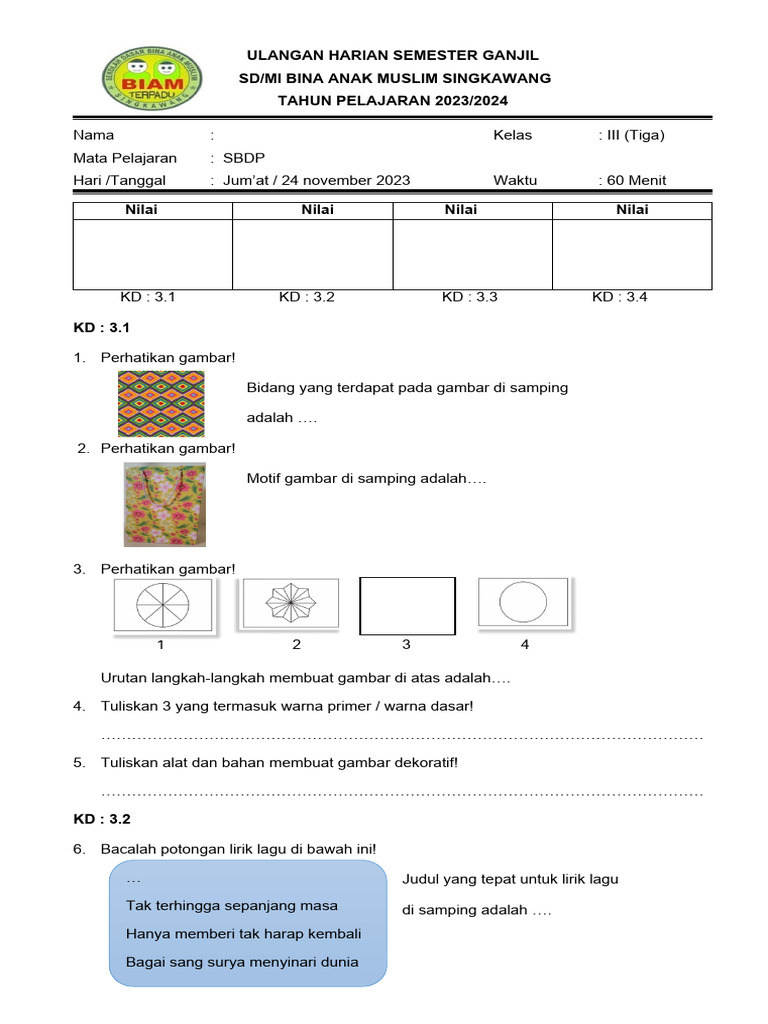 Soal Uh SBDP (Tema 4) TP.2023-2024 Ganjil | PDF