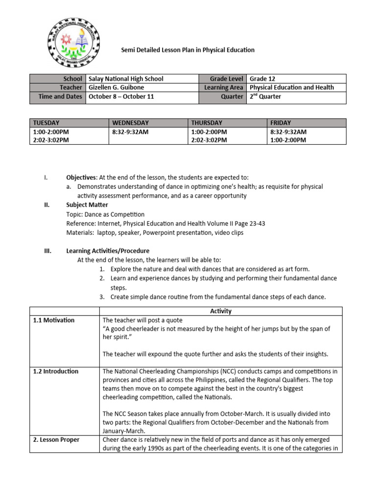 DLP PE Grade12 WEEK4 | PDF | Cheerleading | Learning