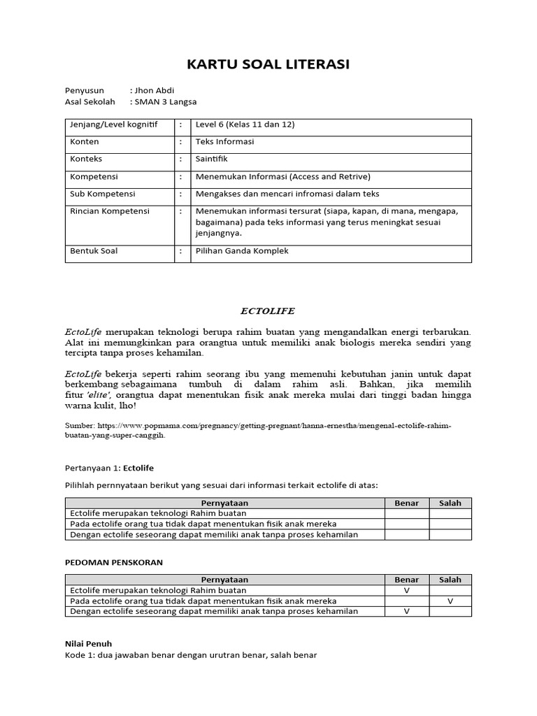 Contoh Kartu Soal Literasi | PDF