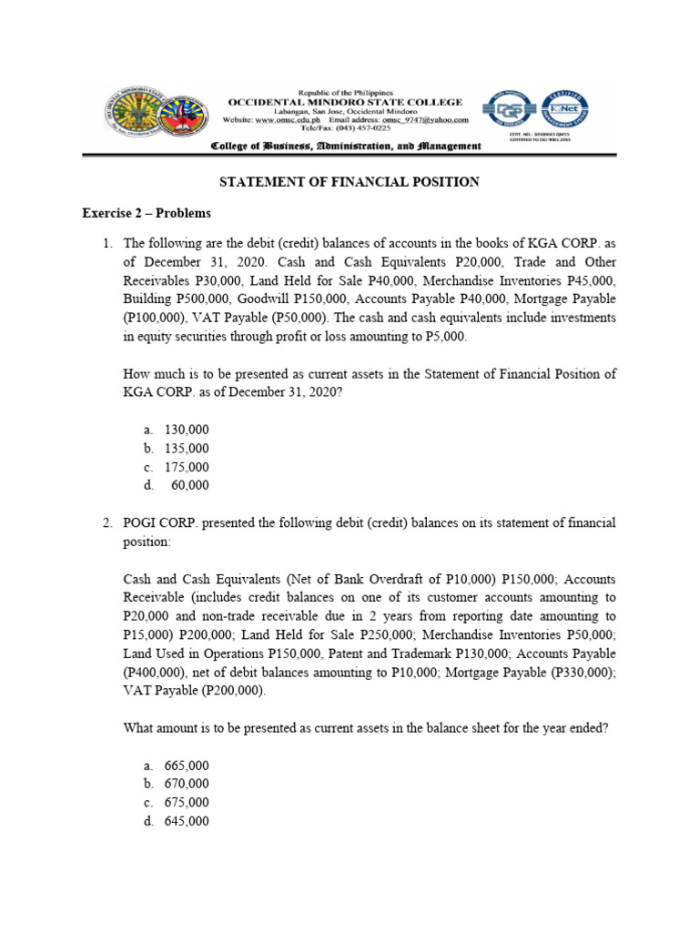 Exercise 2 Statement of Financial Position | PDF | Debits And Credits ...
