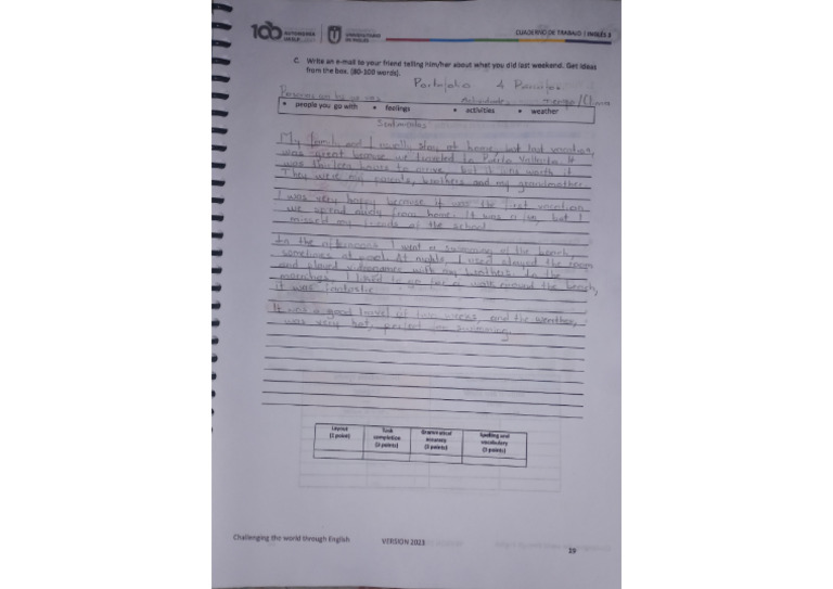 Unidad 1 Portafolio 1 Writing Your Last Vacation | PDF