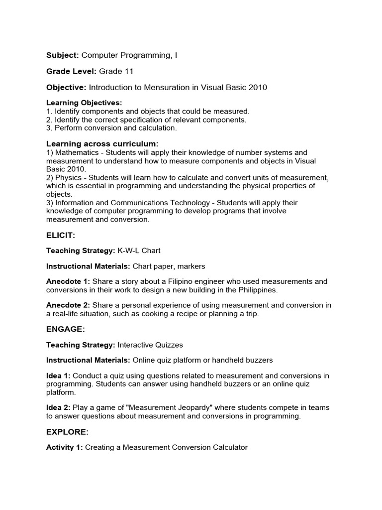 Lesson Plan Pdf Programming Computer Program 
