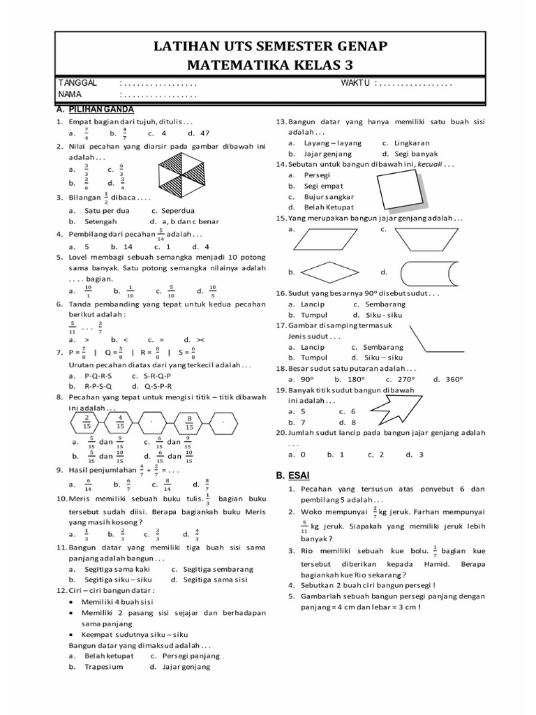 Soal Uts Matematika Kelas 3 Semester 2 1 | PDF