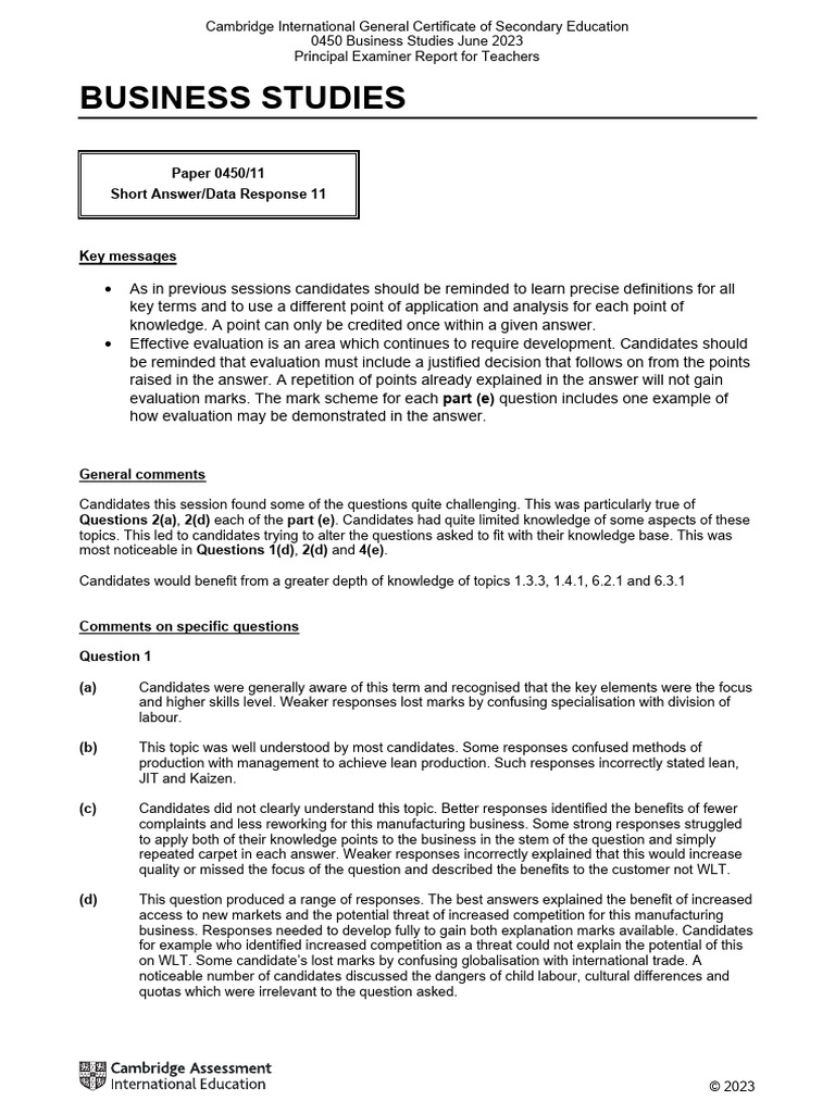 Business Studies: Paper 0450/11 Short Answer/Data Response 11 | PDF ...