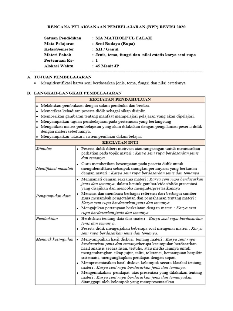 RPP 2 - Jenis, Tema, Fungsi Dan Nilai Estetis Karya Seni Rupa | PDF