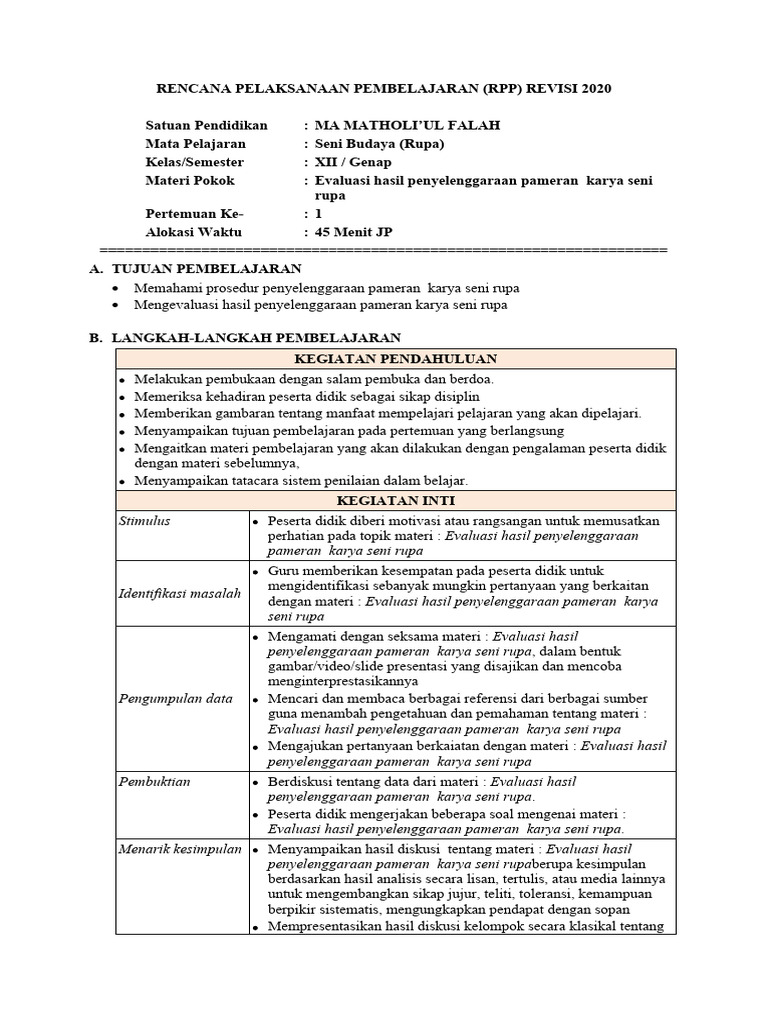 RPP 3 - Evaluasi Hasil Penyelenggaraan Pameran Karya Seni Rupa | PDF
