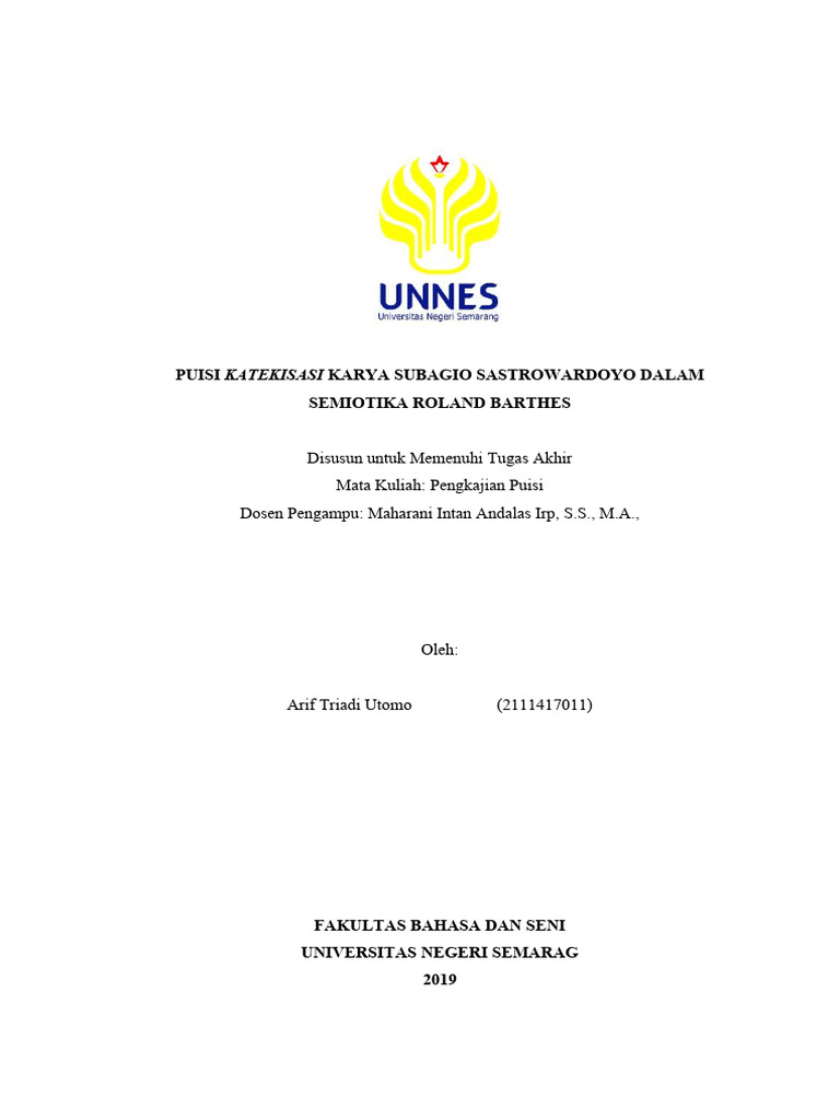 Puisi Katekisasi Karya Subagio Sastrowardoyo Dalam Semiotika Roland ...