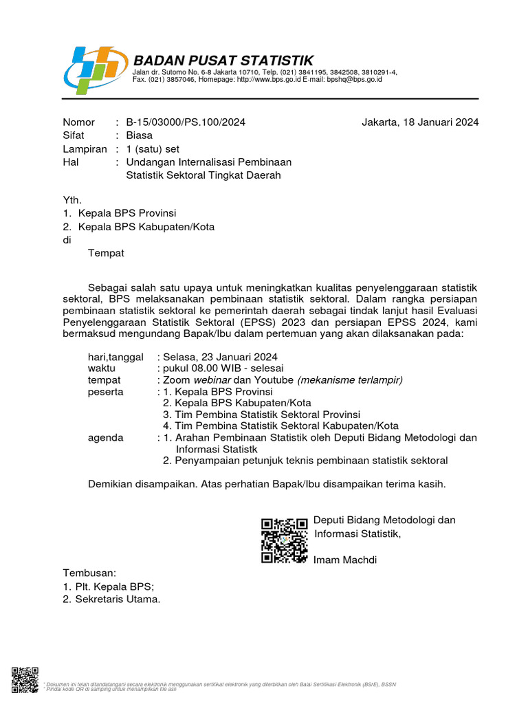 B-15 Undangan Internalisasi Pembinaan Stat Sektoral BPS Prov Dan Kabkot ...