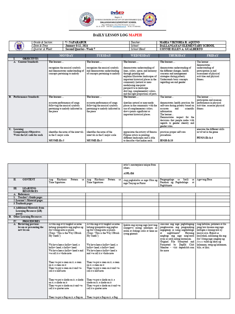 DLL - Mapeh 5 - Q2 - W7 | PDF