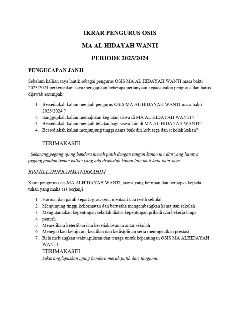 Ikrar Pengurus Osis | PDF