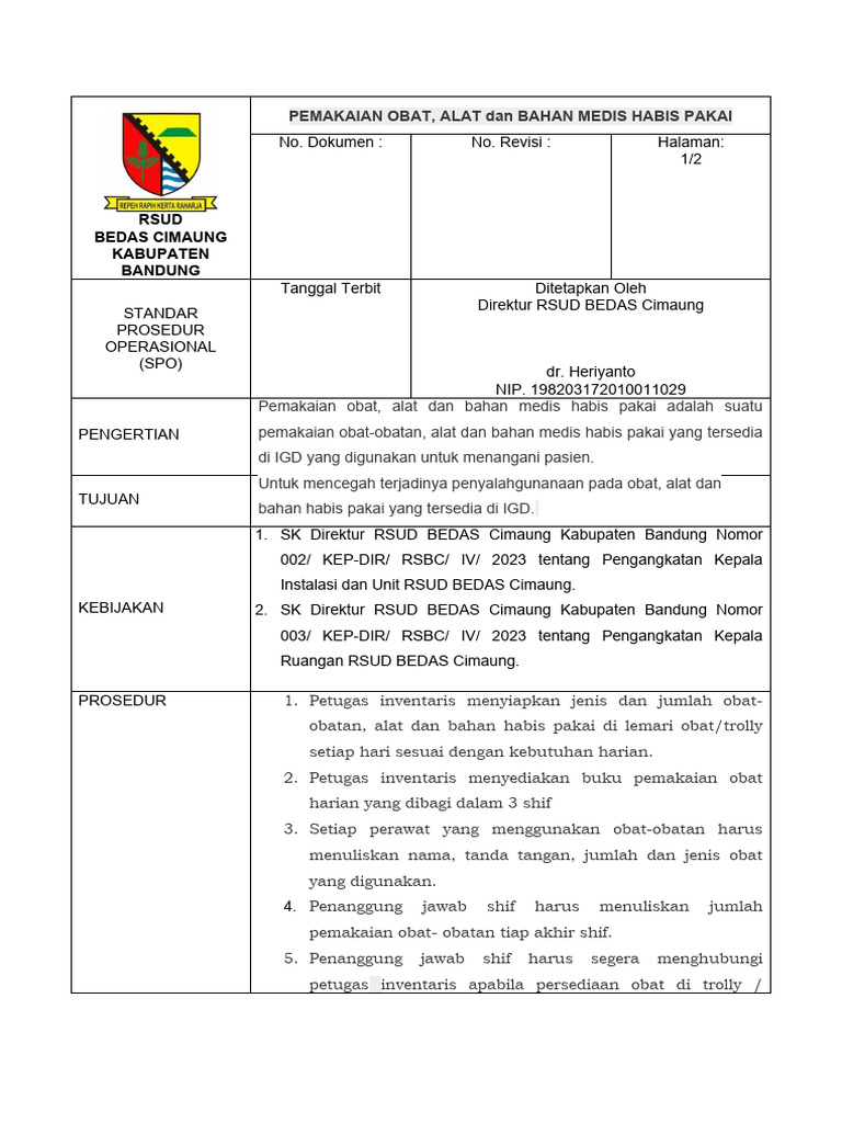 Spo Pemakaian Obat, Alat, BHP, Di Igd | PDF