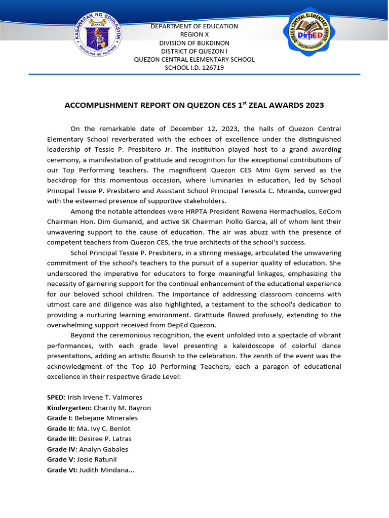 Accomplishment Report GAD Quezon CES 2023 | PDF