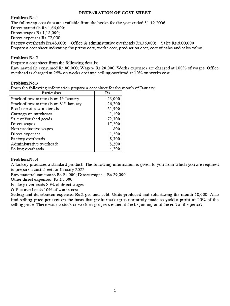 Chap 1 Problems Cost Sheet | PDF | Cost | Cost Of Goods Sold