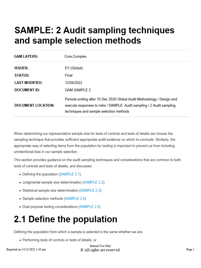 Sample 2 Audit Sampling Techniques And Sample Selection Methods Pdf