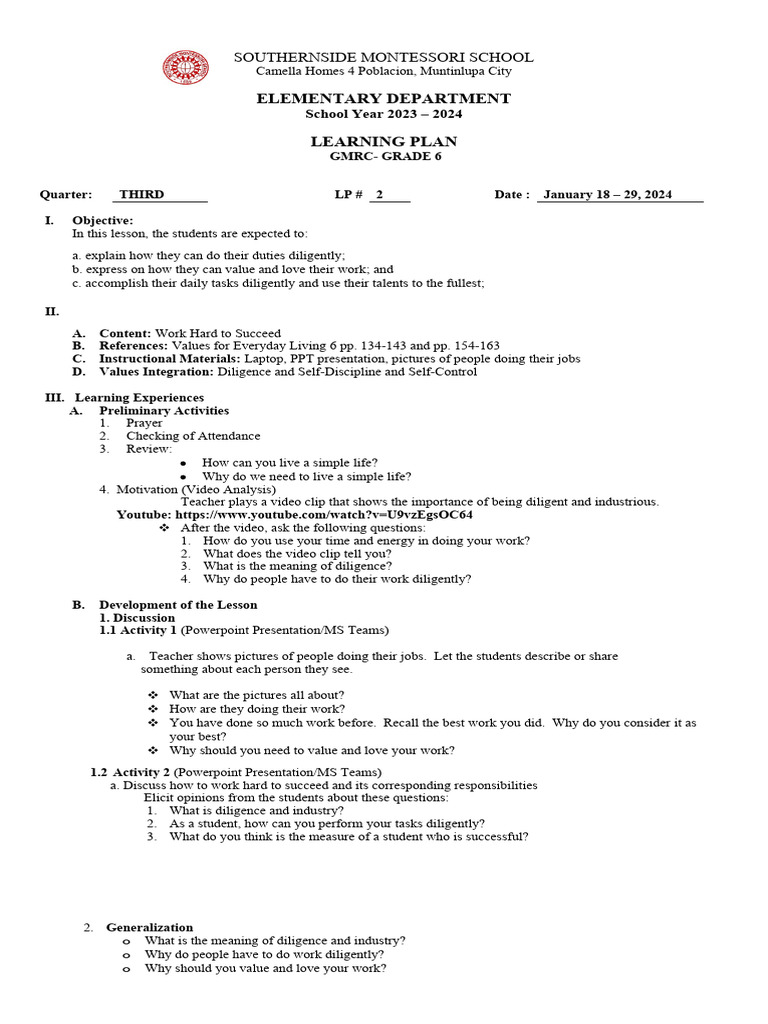Grade 6 GMRC Learning Plan: Diligence | PDF | Disciplines | Psychology
