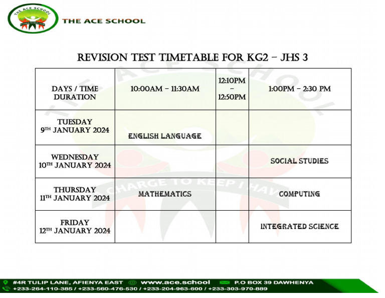 Revision Test Timetable For Second Term 2024 | PDF