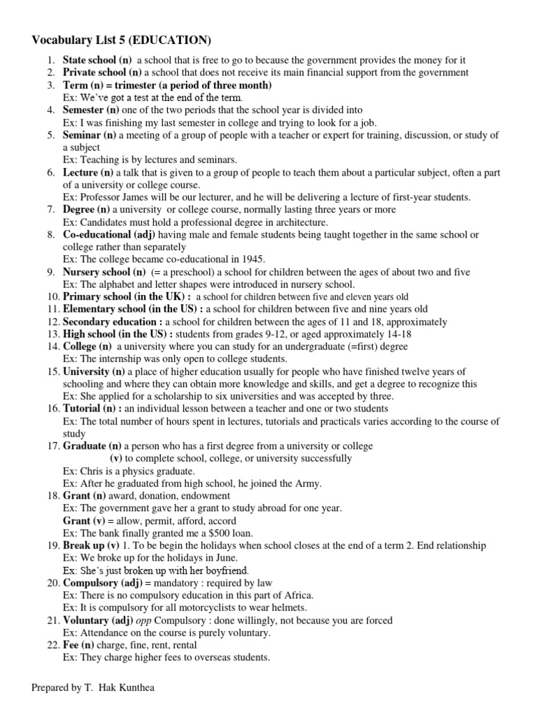 Vocabulary List 5 (Education) | PDF | Schools | College