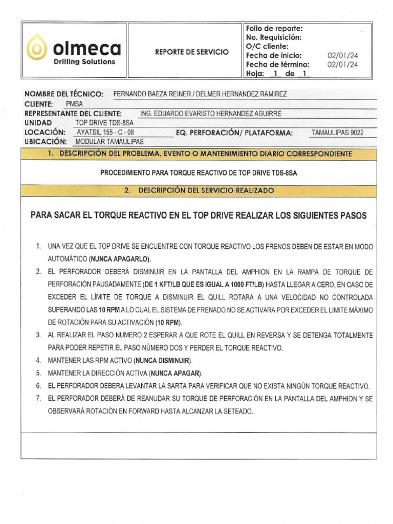 Procedimiento para Torques Reactivos TDS-8SA | PDF