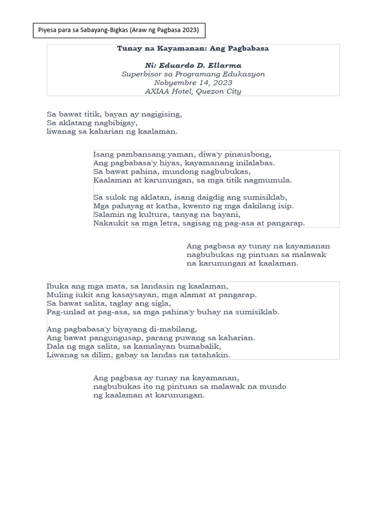 Piyesa para Sa Sabayang Pagbigkas - Pagbasa | PDF