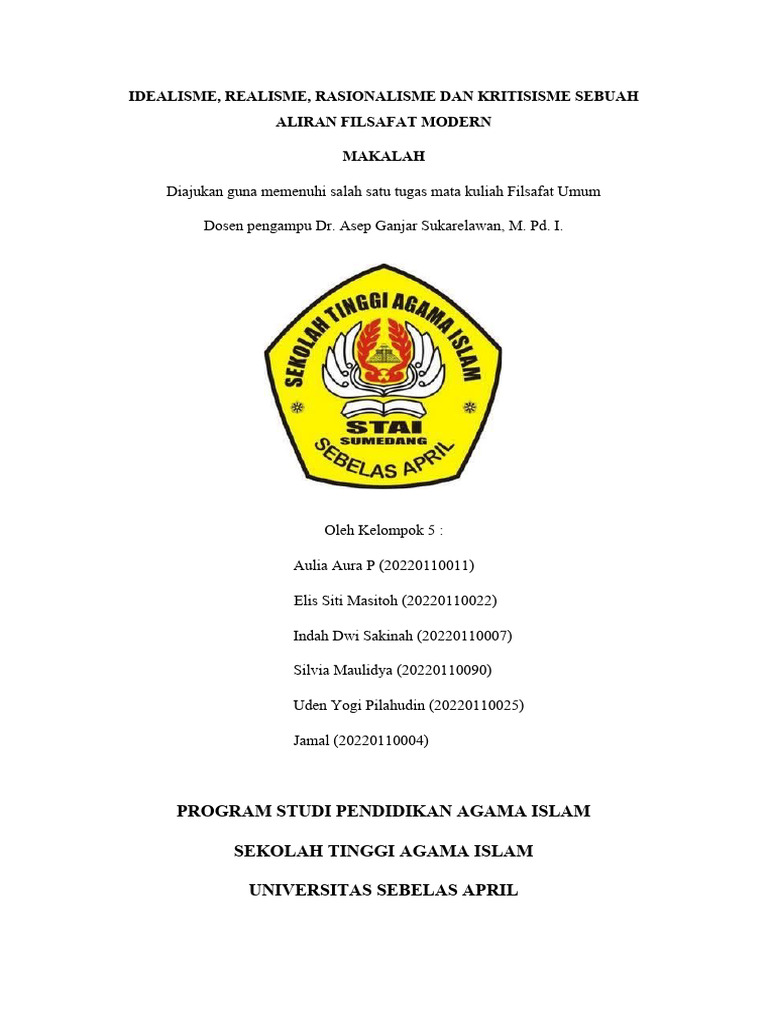 Kel 5 Bag 1 IDEALISME, REALISME, RASIONALISME DAN KRITISISME SEBUAH ...
