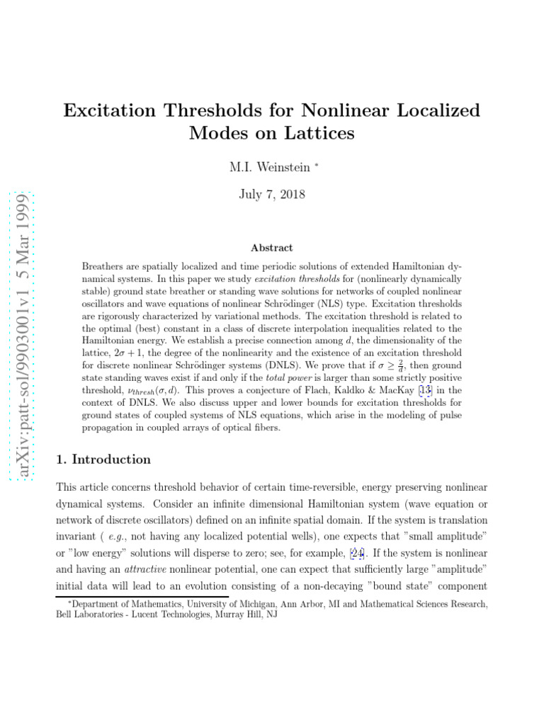 4-Excitation Thresholds For Nonlinear Localized Modes On Lattices | PDF | Schrödinger Equation ...