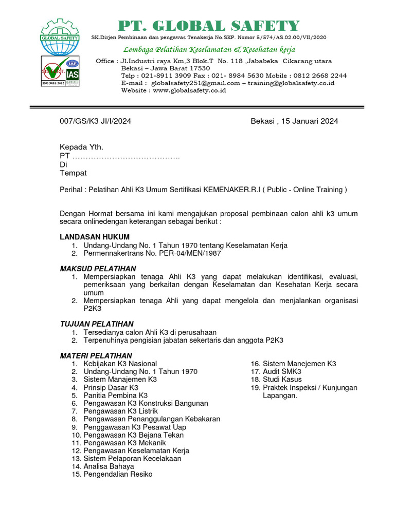 Pelatihan Ahli K3 Umum Online 2024 | PDF
