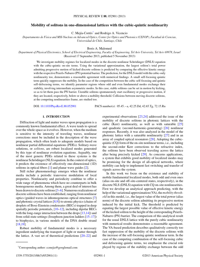 8 Mobility Of Solitons In One Dimensional Lattices With The Cubic Quintic Nonlinearity Pdf