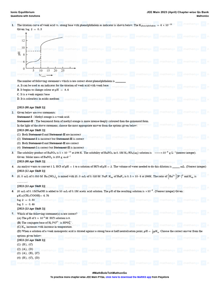 Ionic Equilibrium - JEE Main 2023 April Chapterwise PYQ - MathonGo | PDF
