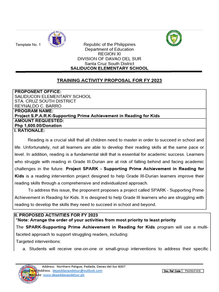 Template No. 1 Training Activity Proposal | PDF | Reading Comprehension ...