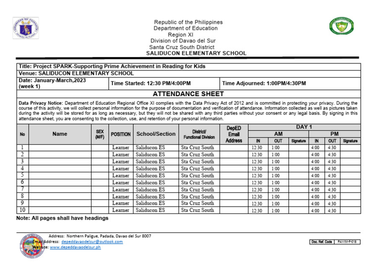 DepEd Attendance Sheet Template | PDF | Government | Justice