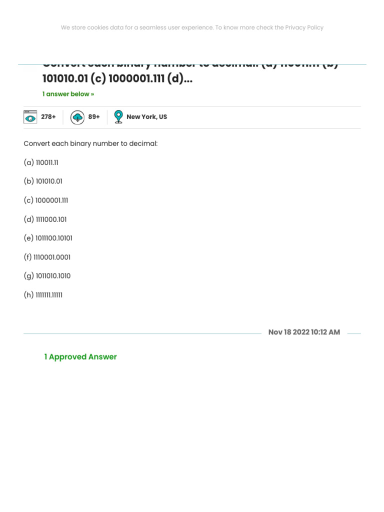 (Solved) - Convert Each Binary Number To Decimal - (A) 110011.11 (B) 101010.01... - (1 Answer ...
